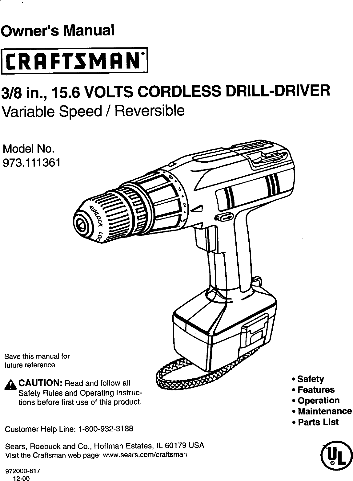 Craftsman 973111361 User Manual CORDLESS DRILL DRIVER Manuals And ...