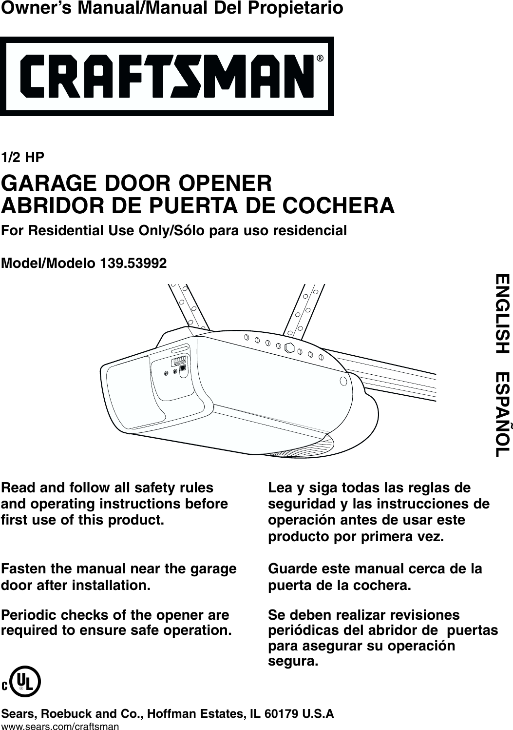 Craftsman 139 53992 Users Manual SRS DOM Garage Door Opener 139.53992