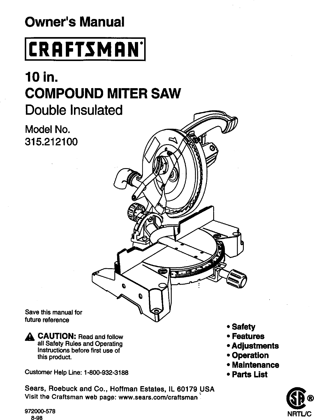 Craftsman 315 2121O0 Users Manual