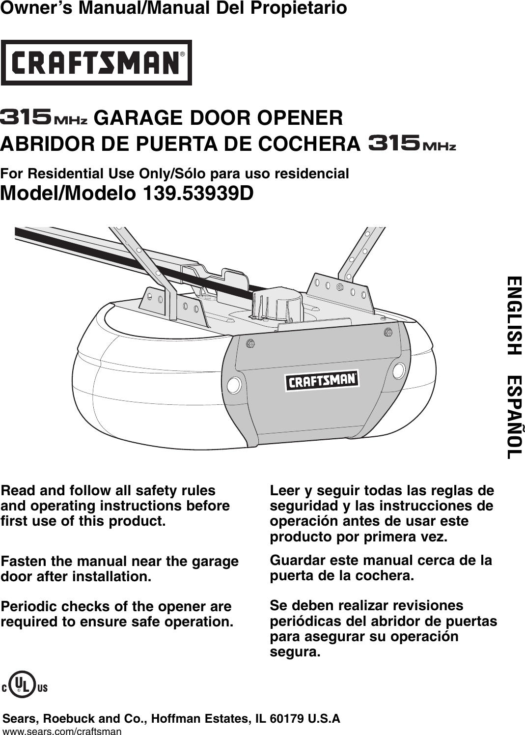 Craftsman 315 Series 139 53939D Owners Manual 3498
