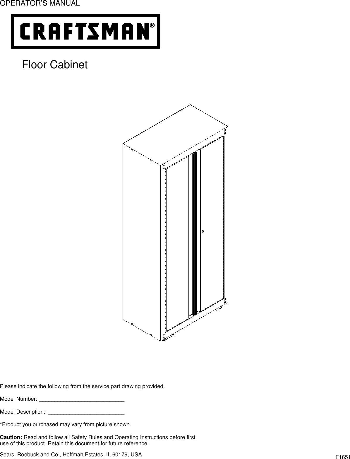 Craftsman 32 Wide Floor Cabinet Gray Black Instruction Manual H