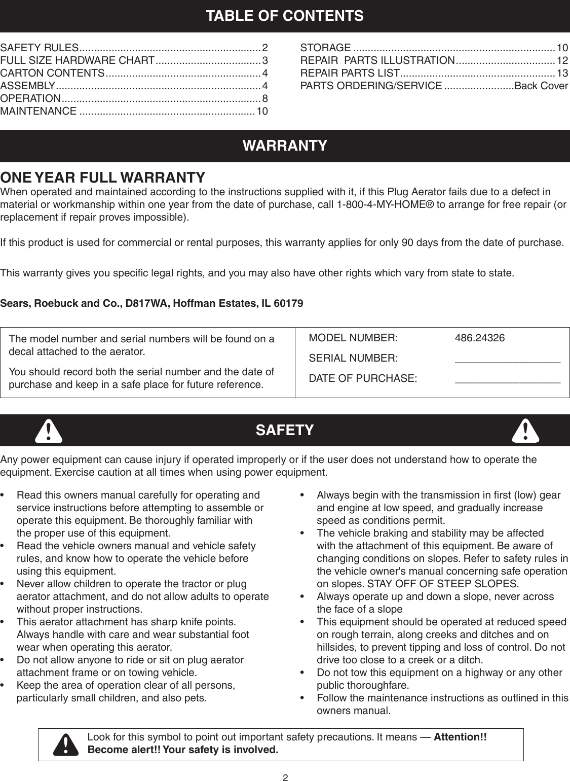 Craftsman 486 24326 Users Manual