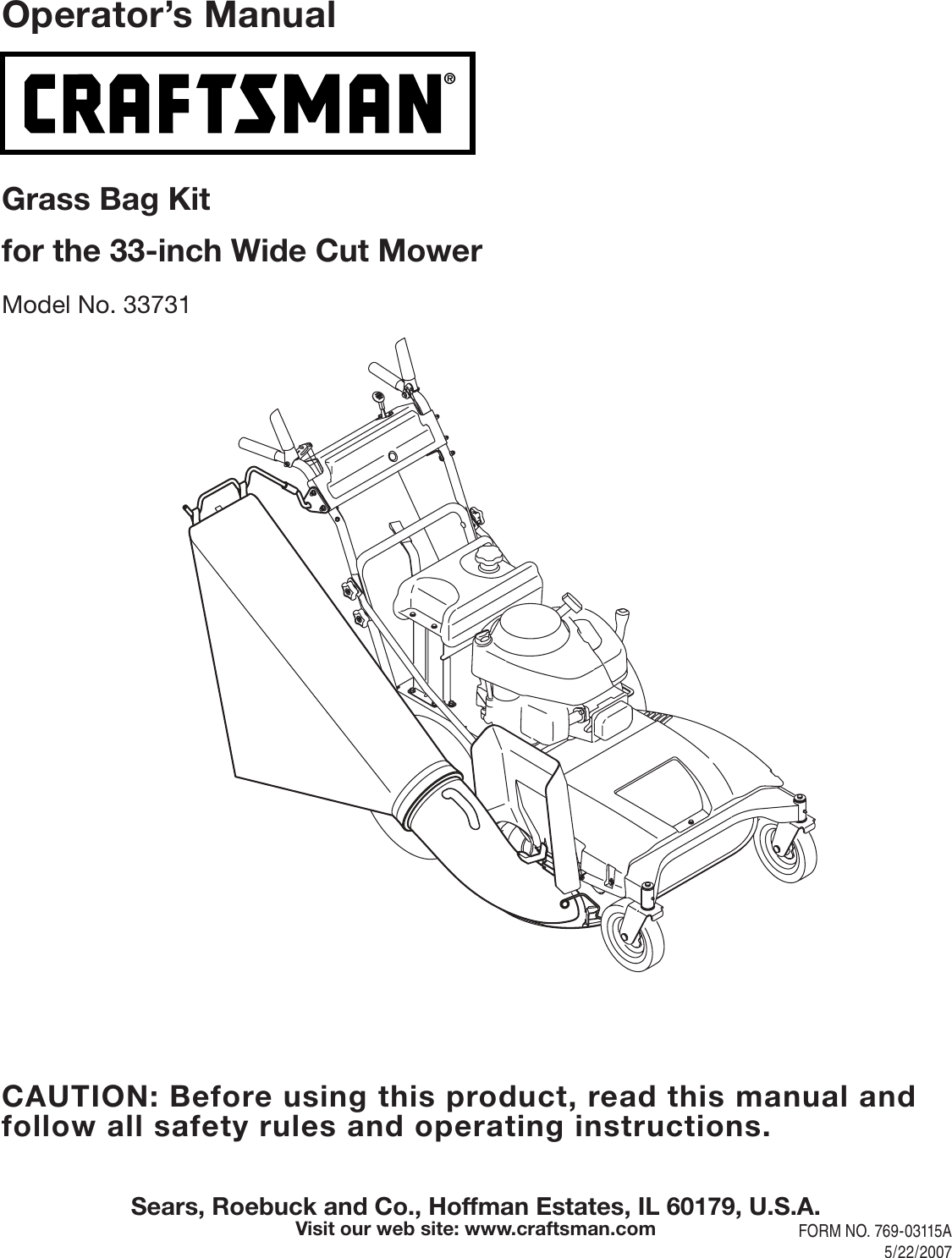 Craftsman Grass Bag Kit 33731 Operators Manual