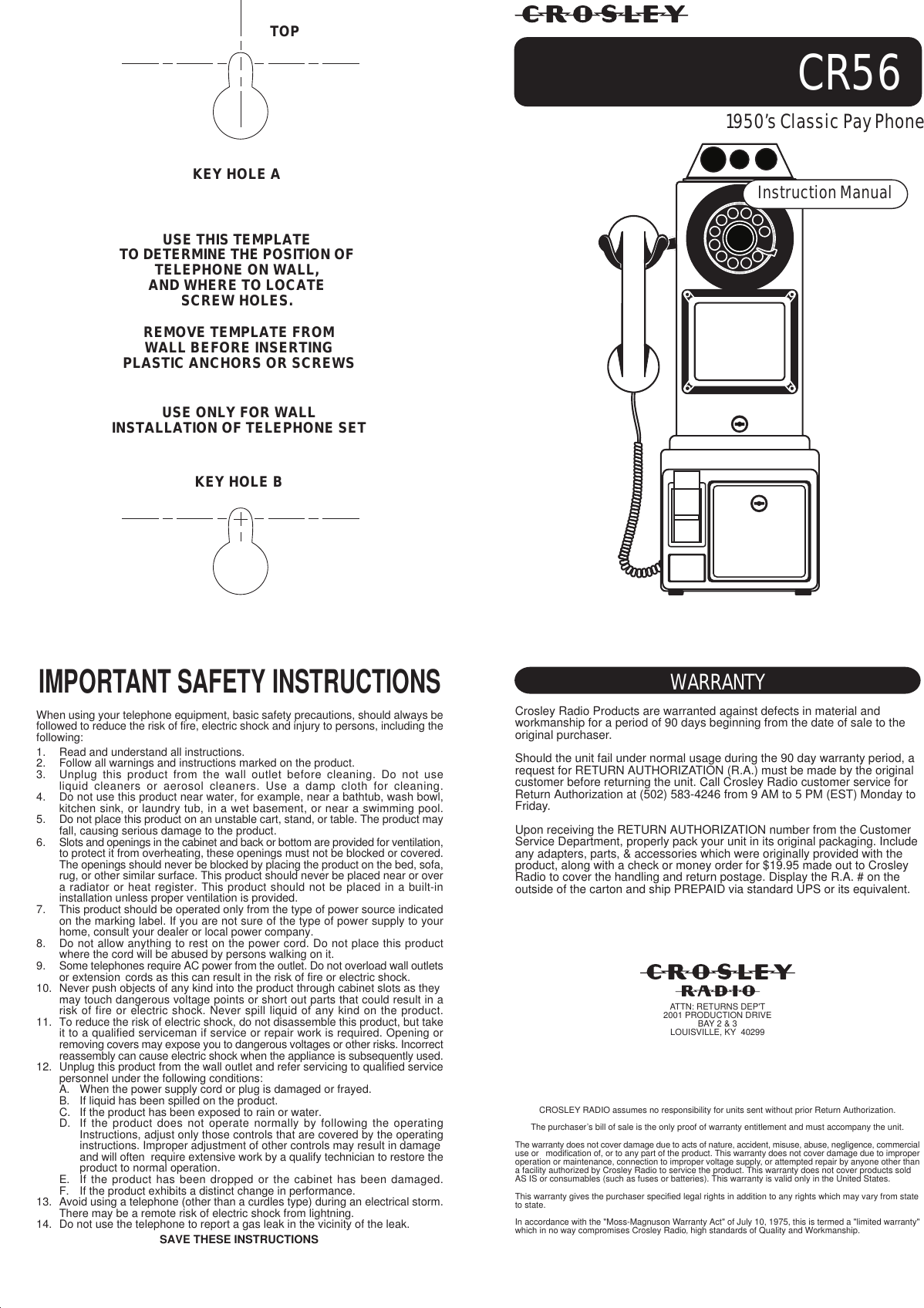 Crosley 1950S Classic Pay Phone Cr56 Payphone Users Manual