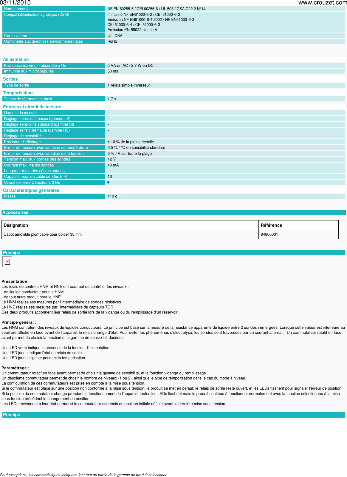 Relais de mesure et controle niveau montage rail din 35 mm hne Ref 84870710