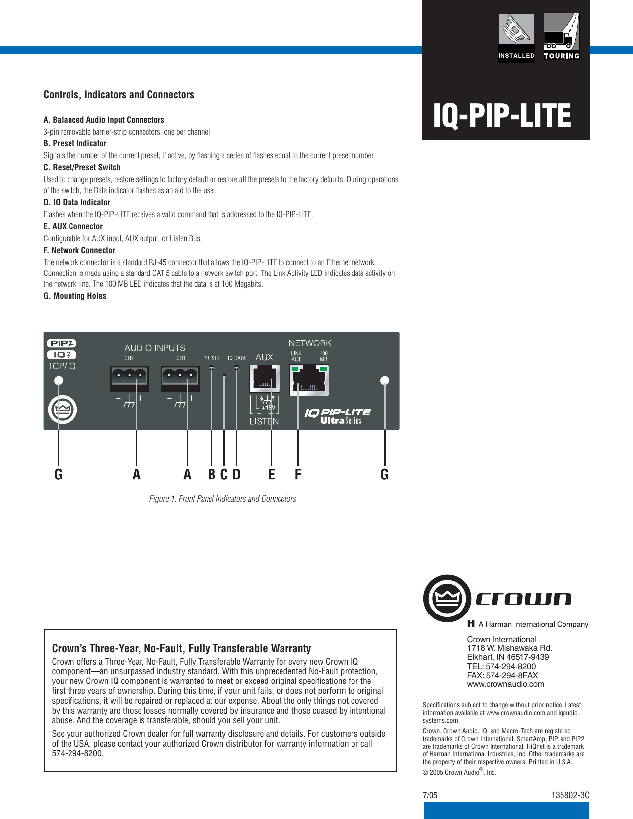Crown Audio Iq Pip Lite Users Manual 135802 3C_7 05_iq lite_datasheet