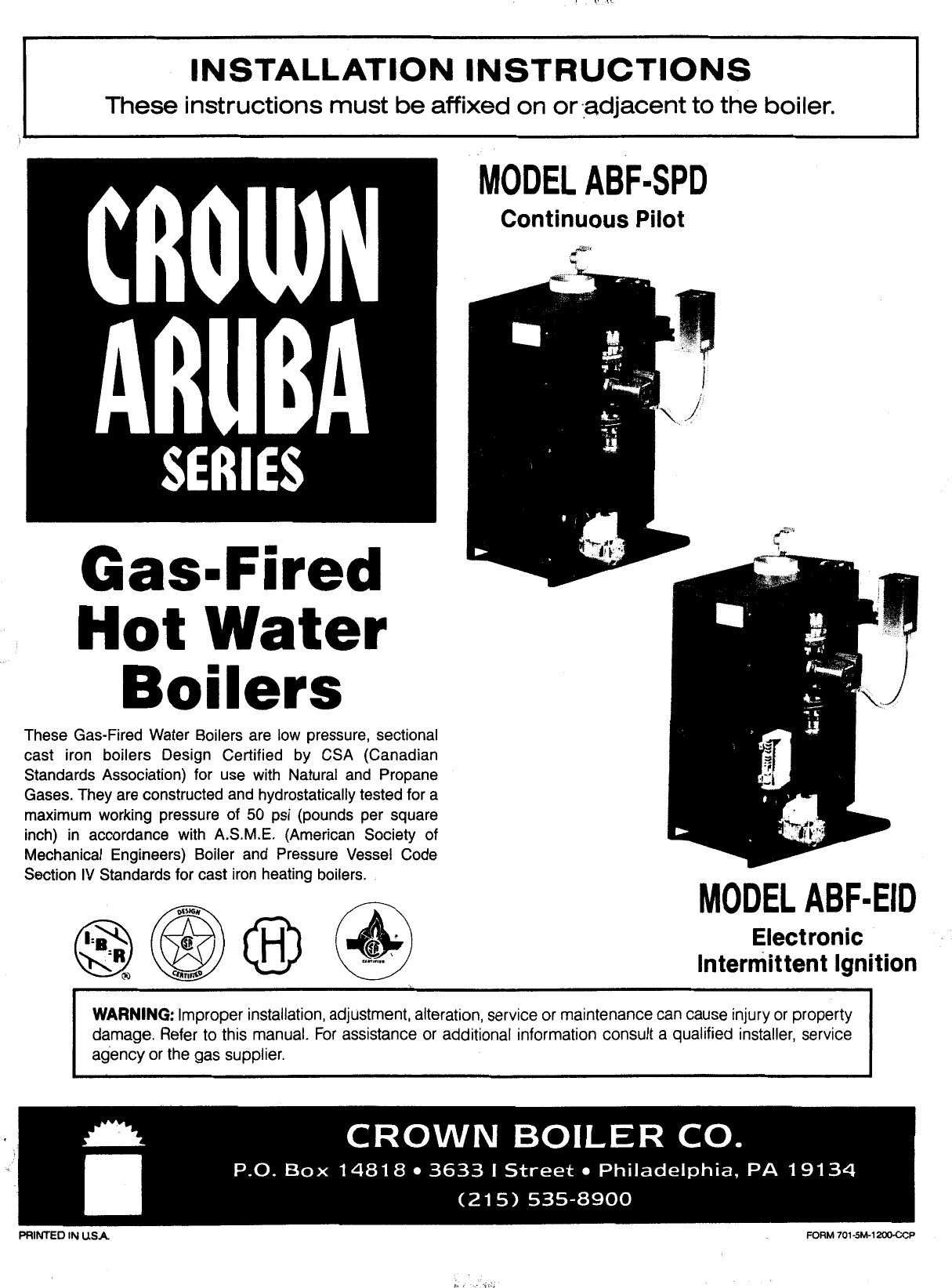 Crown Boiler Abf Eid Users Manual Aruba Series Gas Fired Hot Water ...