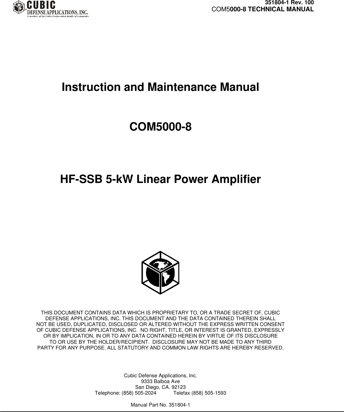 Cubic Defense Applications COM000-8 HF Transmitter User Manual ...