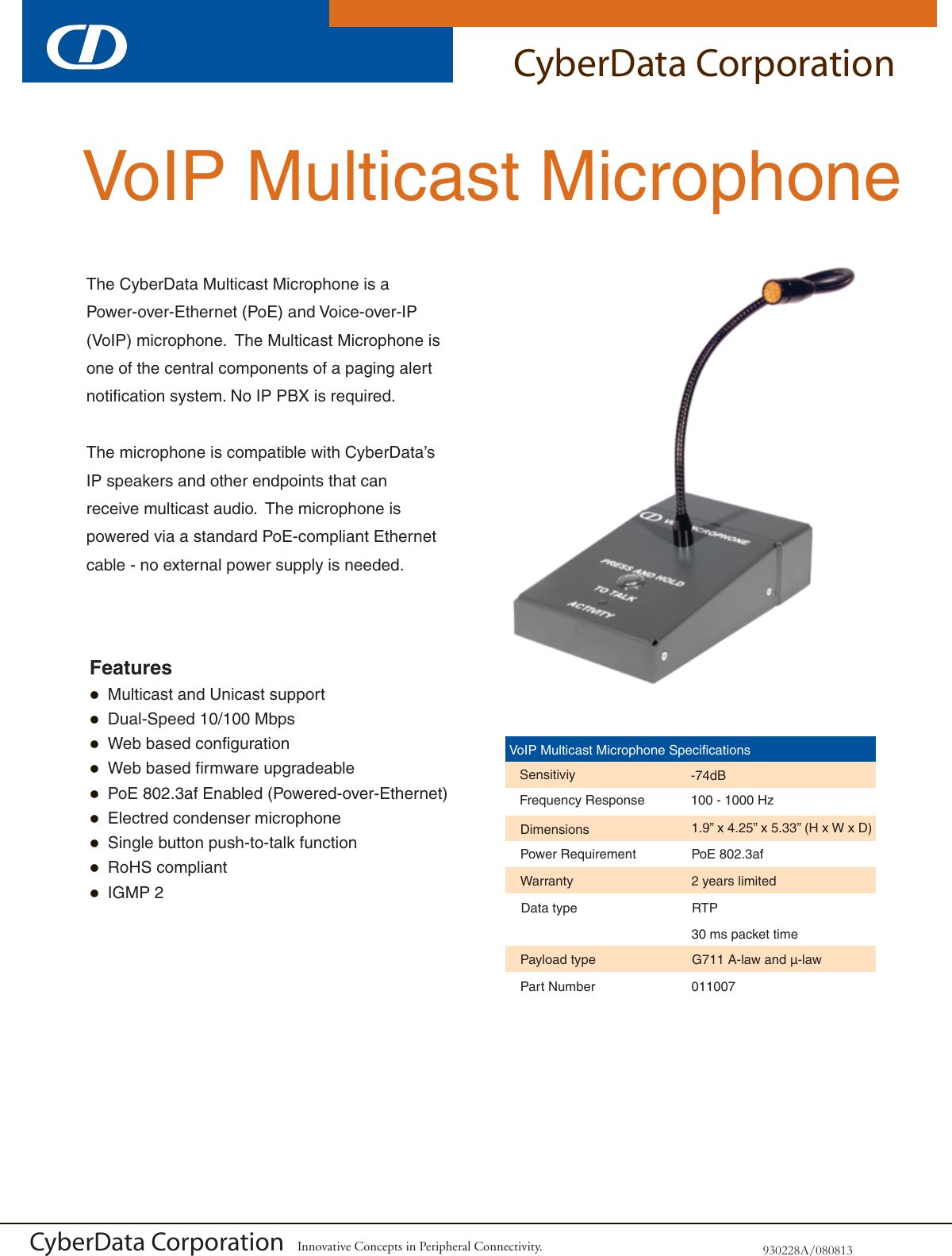 Cyberdata Voip Multicast Microphone Users Manual 011007_930228A_Multicast_Microphone_small
