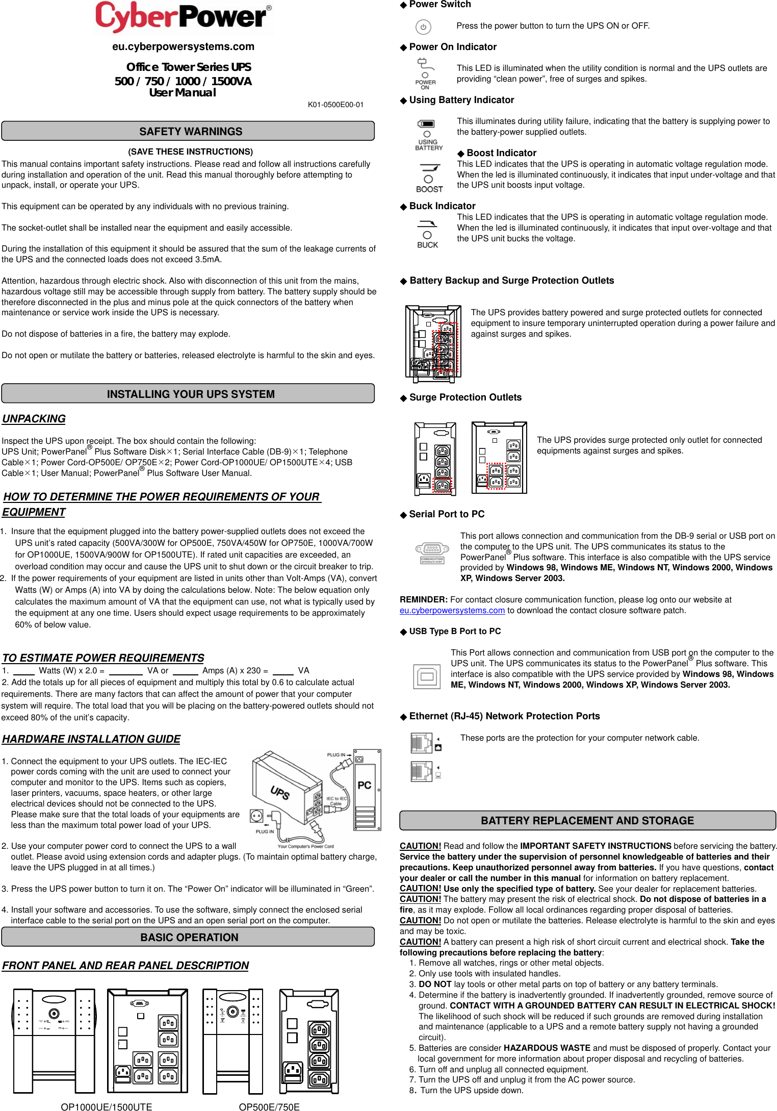 Cyberpower Office Tower Series Ups 1000 Users Manual (SAVE THESE INSTRUCTIONS)