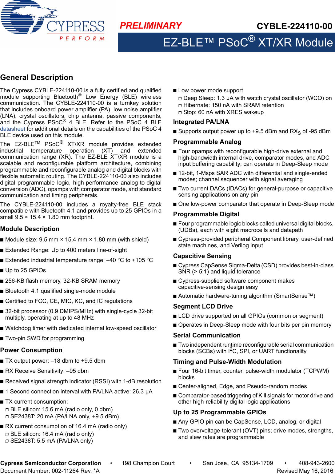 Cypress Semiconductor 4110 Bluetooth Module User Manual CYBLE 224110 00 EZ BLE TM PSoC XT XR Module
