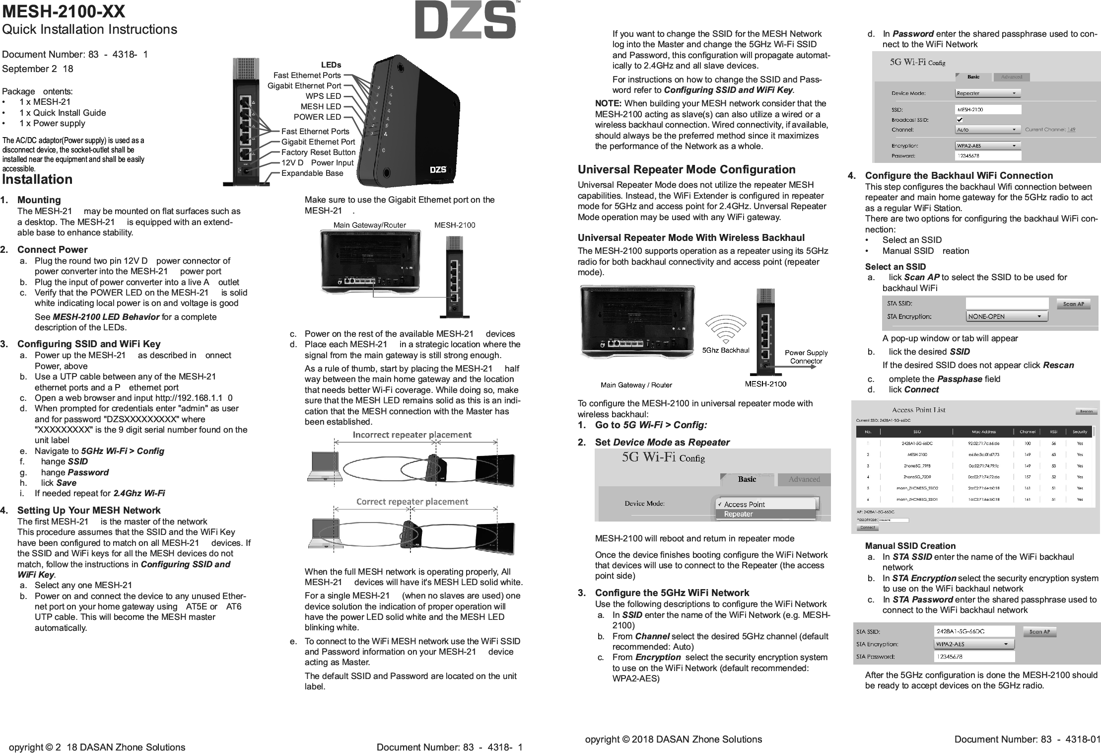DASAN Zhone Solutions MESH2100 Wireless Extender User Manual