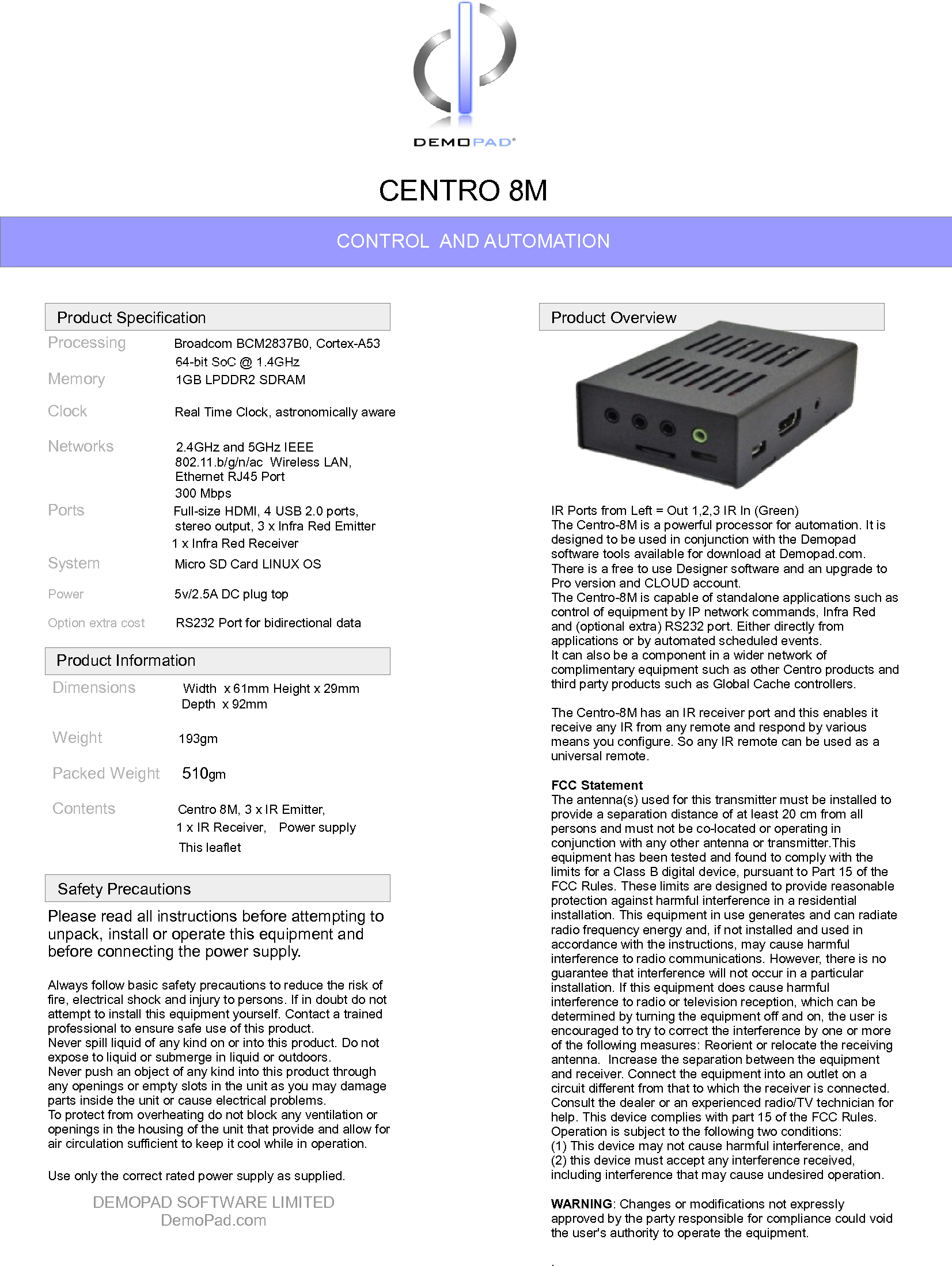 DEMOPAD SOFTWARE CENTRO-8M Control and automation User Manual