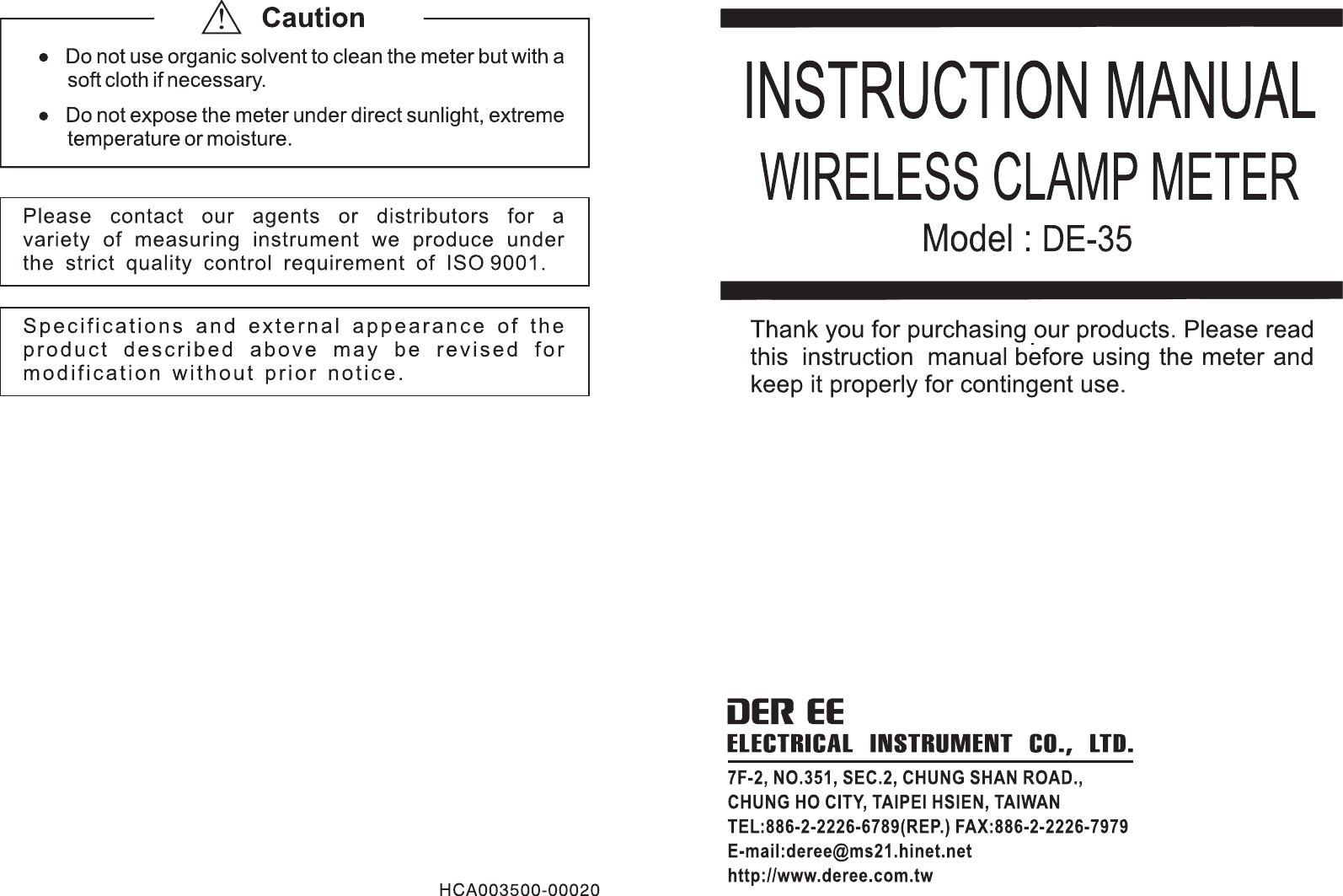 DER EE ELECTRICAL INSTRUMENT T0035G01 Wireless Clamp Meter User Manual ...