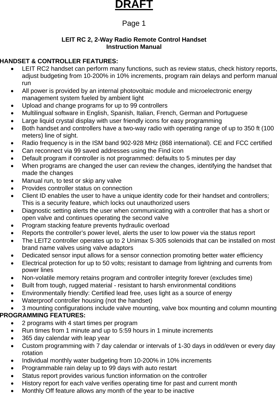 DIG LEIT01 Radio Remote Control Controller User Manual LEIT RC2 Manual 1