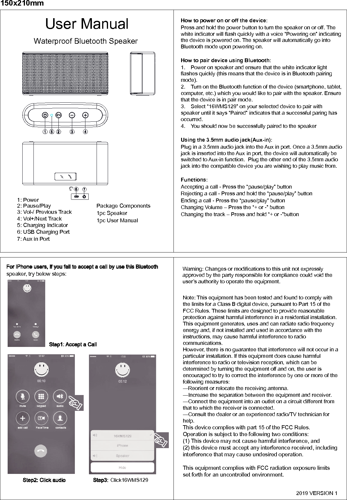 DNS 16WMS129 Waterproof Bluetooth Speaker User Manual 19WMS011 BT ...