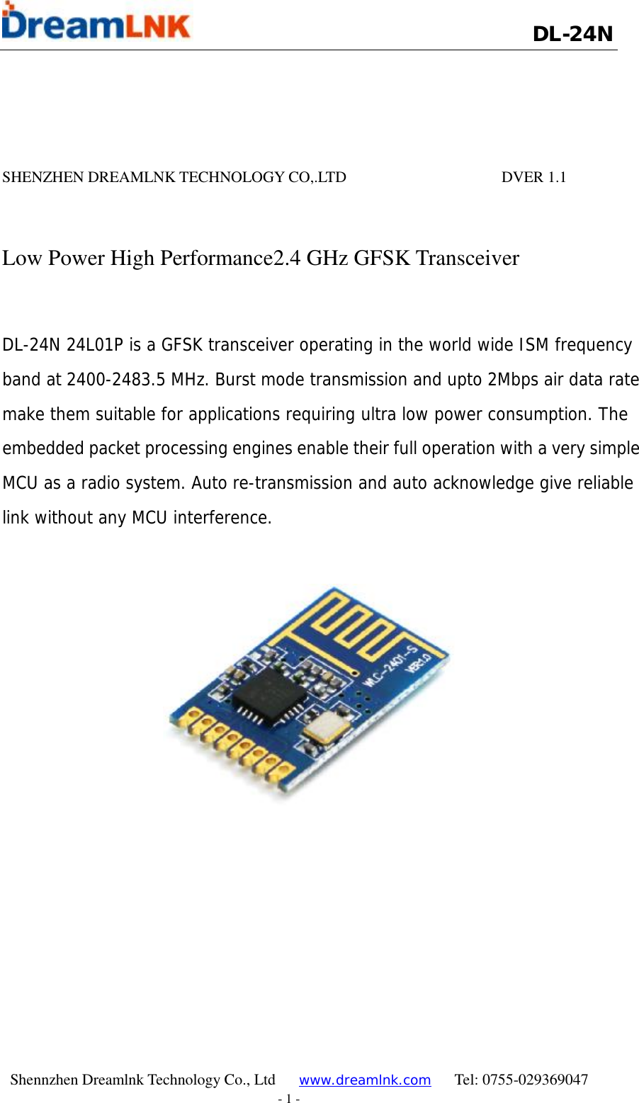 DREAMLNK TECHNOLOGY DL-24N 2.4GHz DSSS SPI RADIO WITH INTEGRATED ...