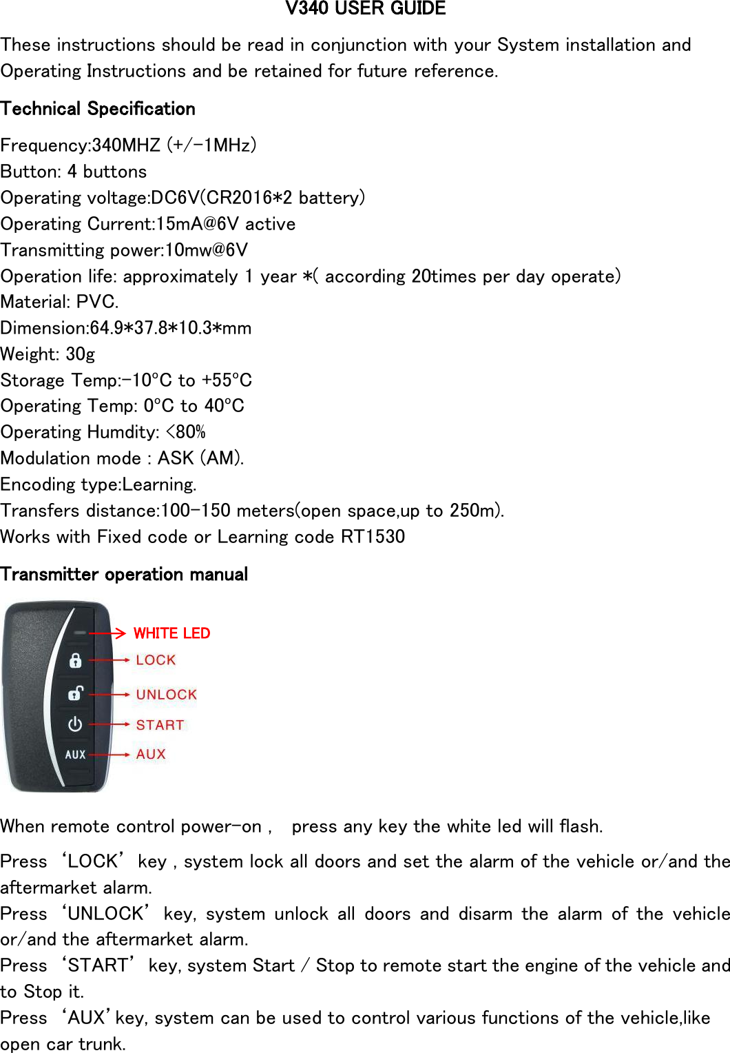DSE CANADA V340 Remote Transmitter User Manual