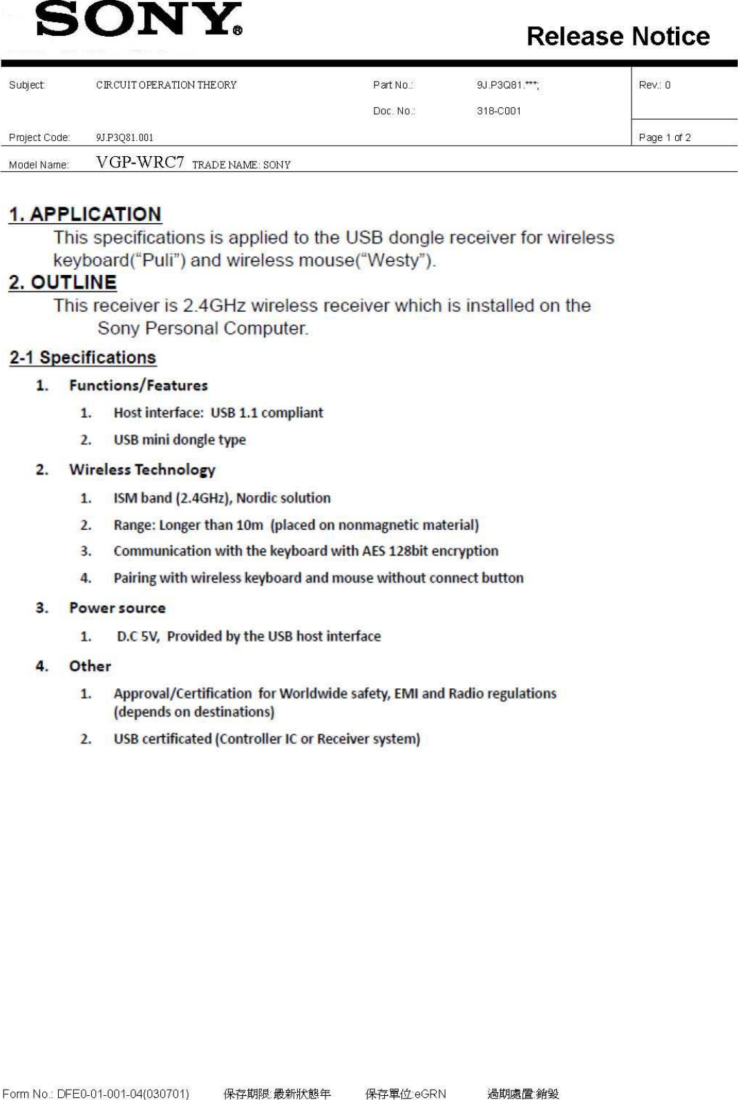 Darfon Electronics VGP-WRC7 2.4G Receiver Dongle User Manual