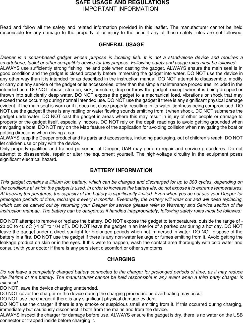 Deeper UAB PRO Wireless Smart Sonar User Manual safe usage en