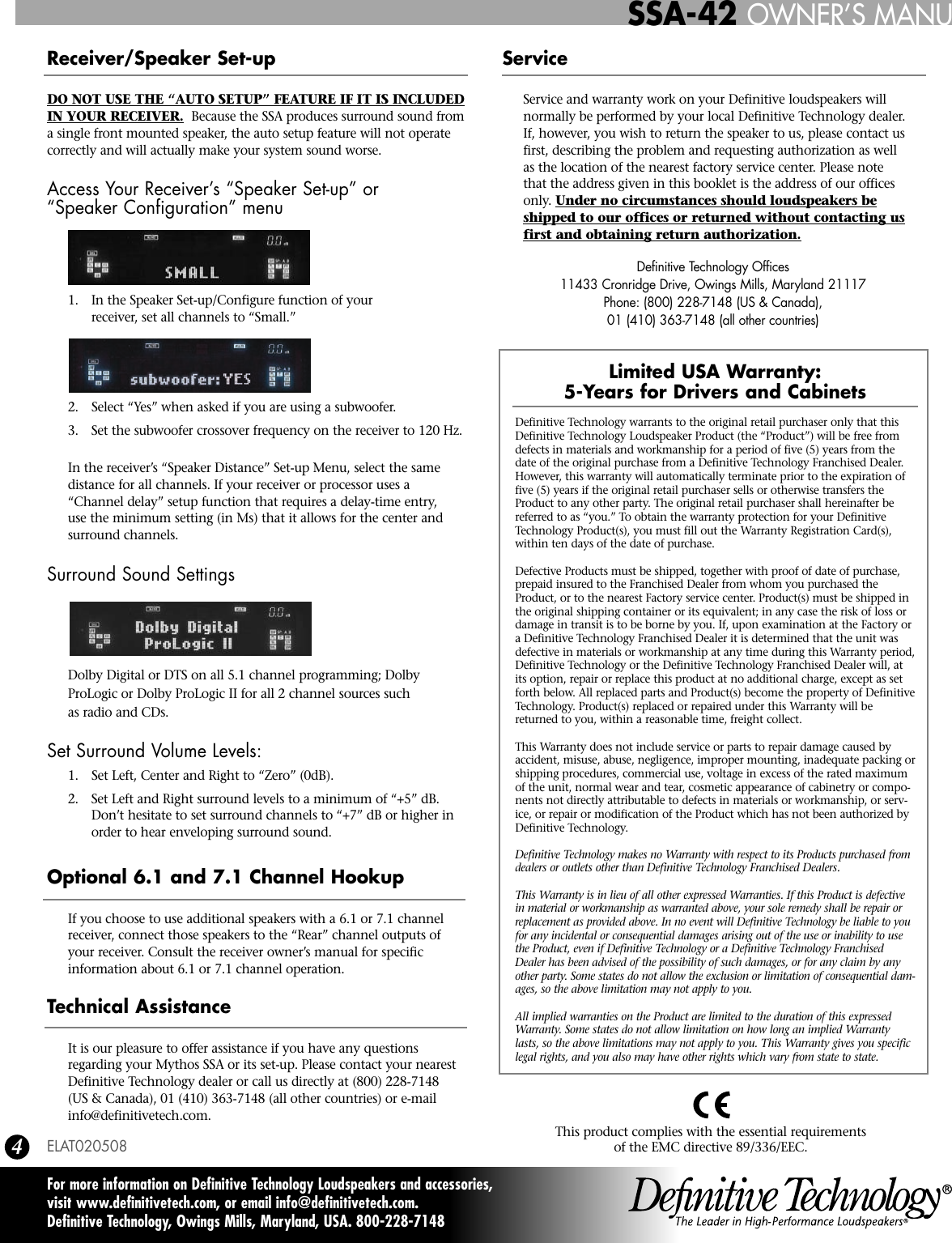 Definitive Technology Mythos Solo Surround Array Ssa 42 Users Manual
