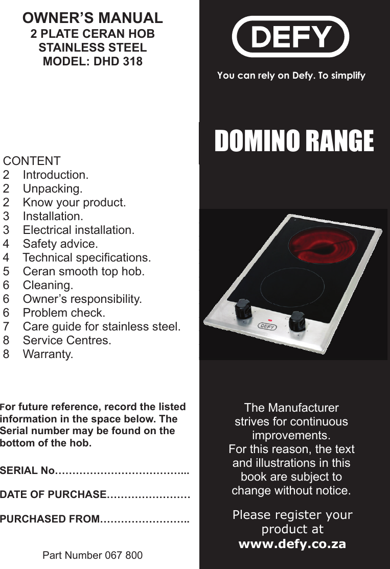 Defy 2 Plate Ceran Hob Stainless Steel Dhd 318 Users Manual 067 800 DOMINO