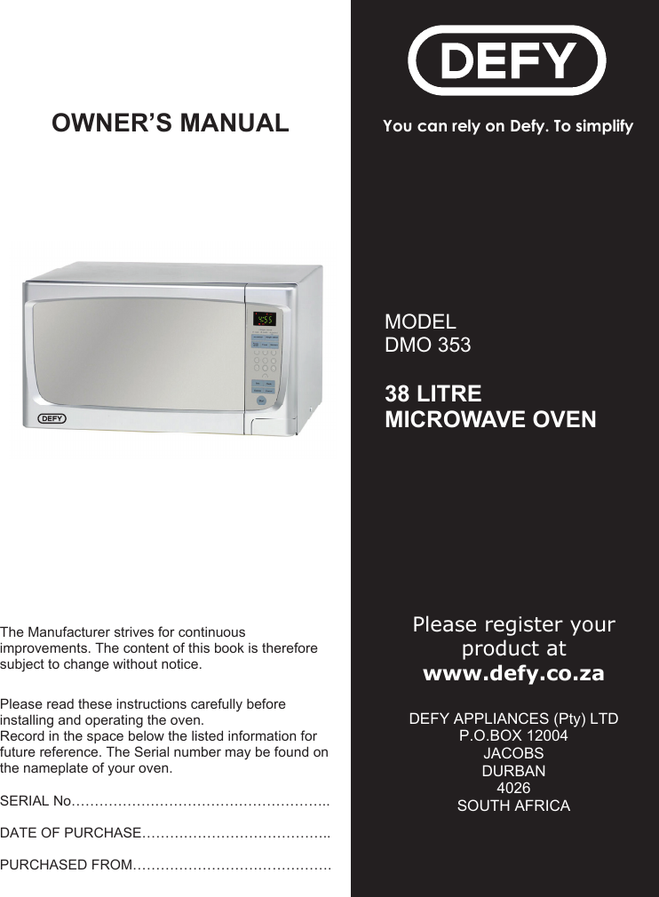 Defy 38 Litre Microwave Oven Dmo 353 Users Manual ELECTRONIC GALANZ
