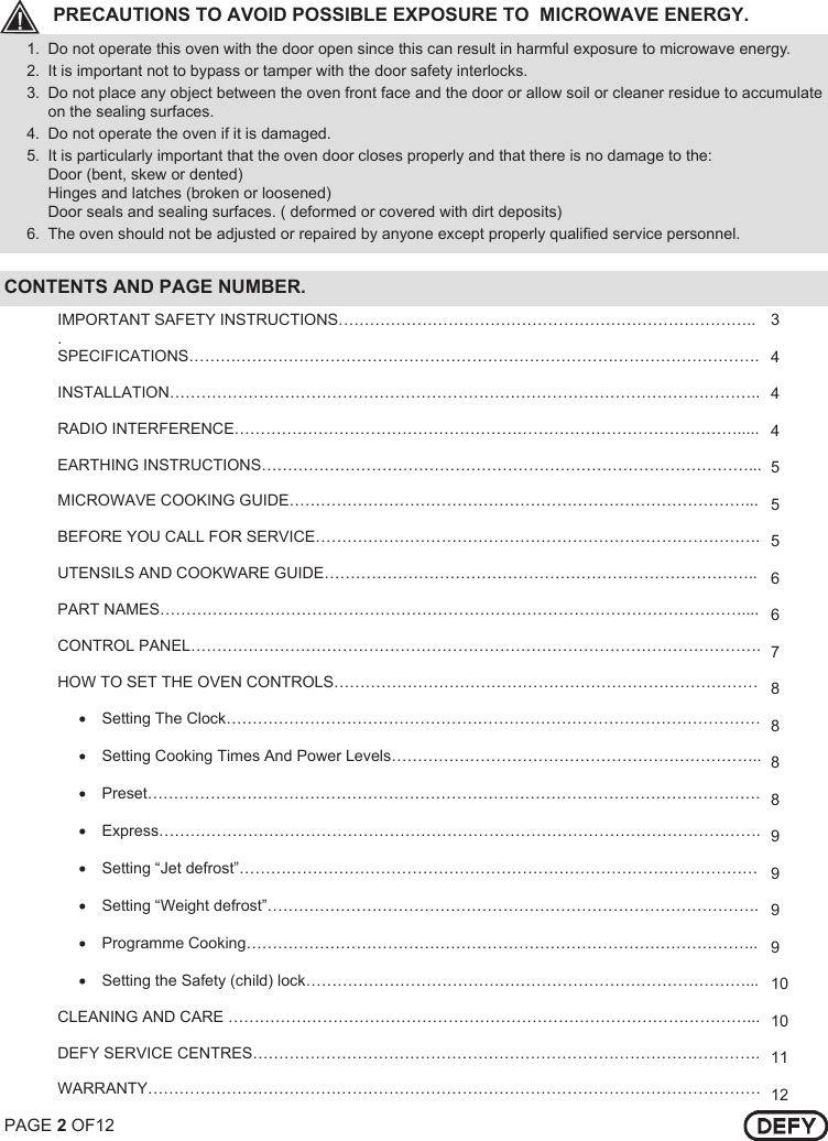 Defy 38 Litre Microwave Oven Dmo 353 Users Manual ELECTRONIC GALANZ