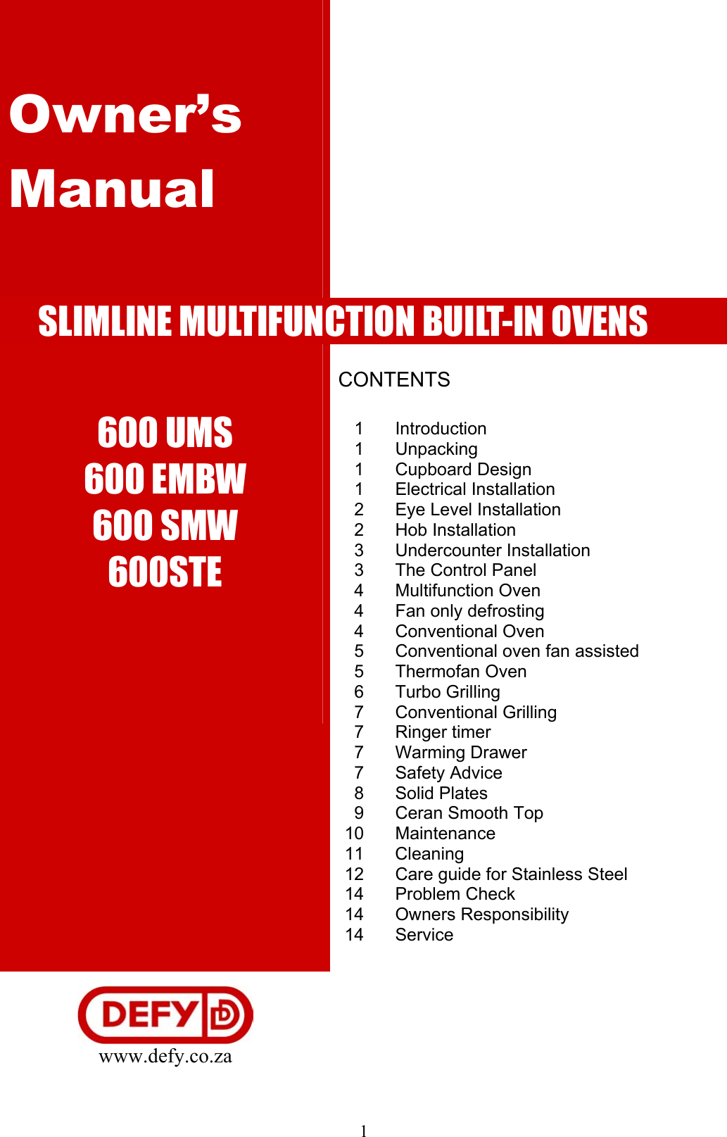 Defy 600 Embw Users Manual SLIMLINE MULTIFUNCTION BUILT IN OVENS