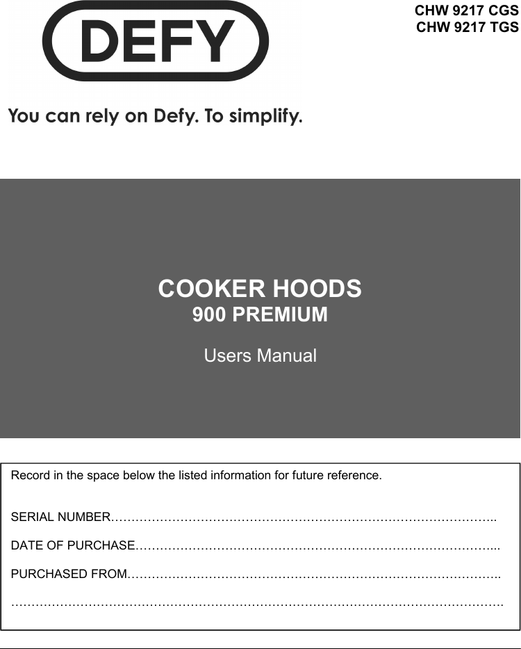 Defy Cooker Hoods 900 Premium Chw 9217 Cgs Users Manual Atlan TGS