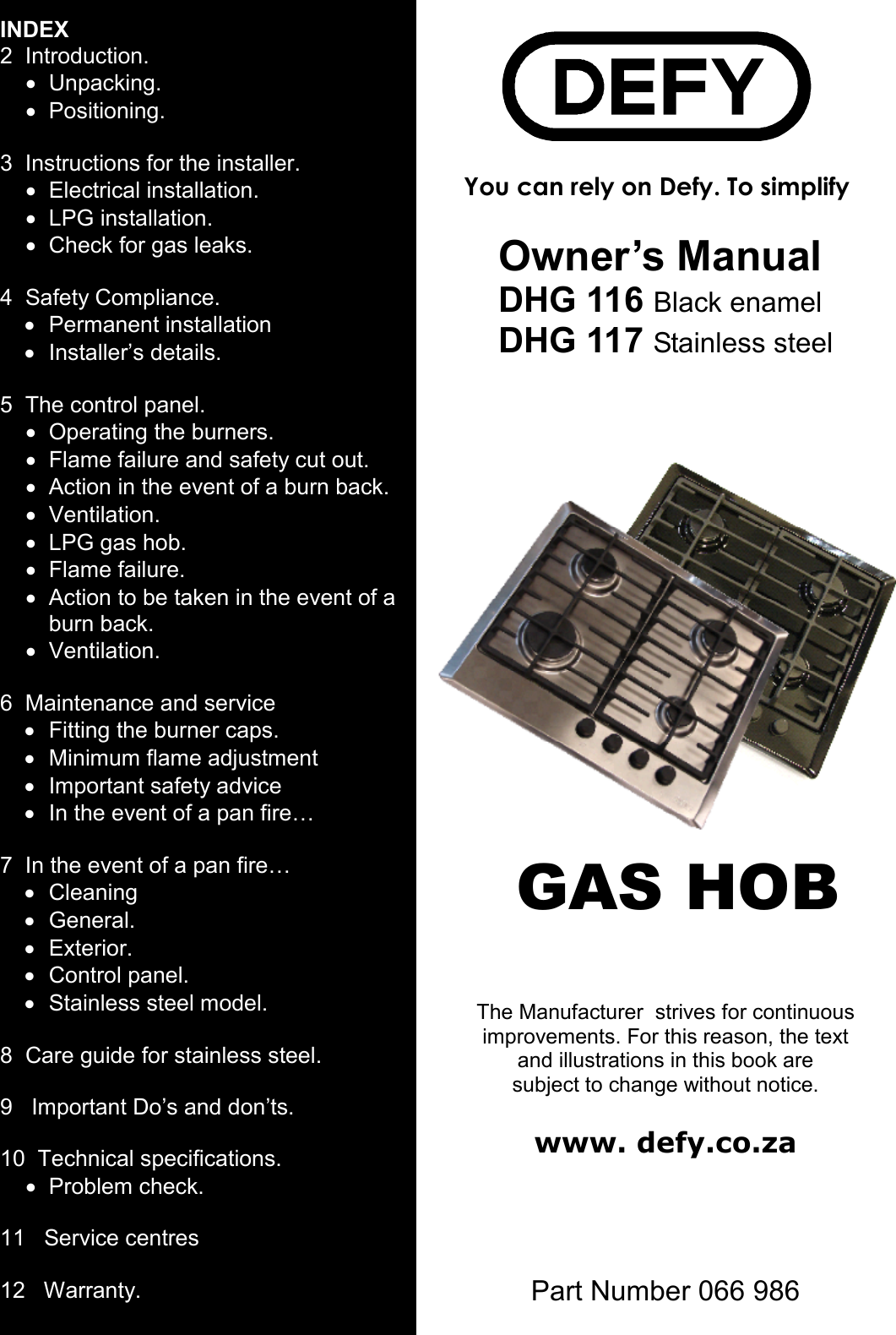 Defy Dhg 116 Users Manual 066 986 Gas Hob Locally Built