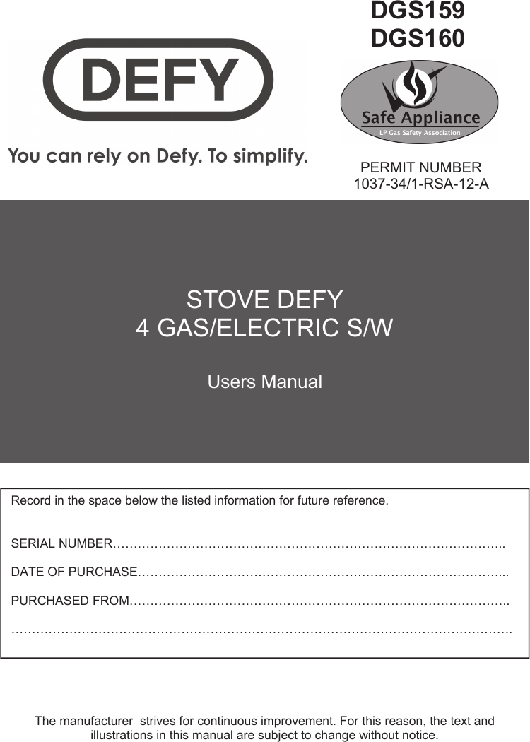 Defy Stove Dgs159 Users Manual DGS160