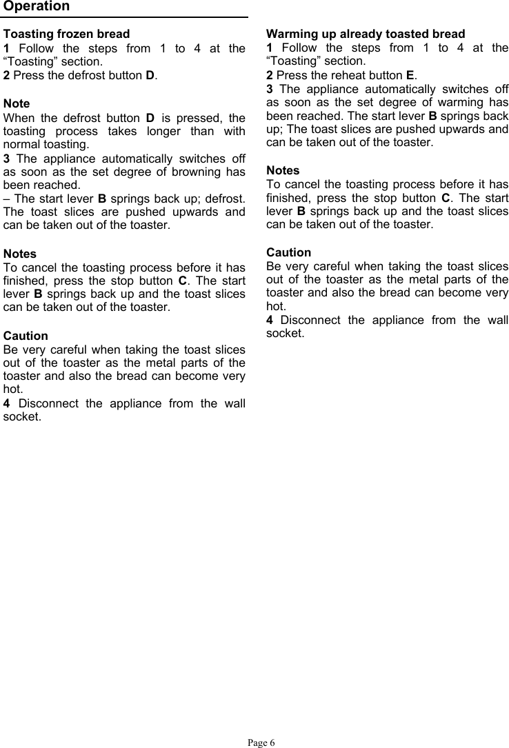 Defy Toaster Ta630 Users Manual