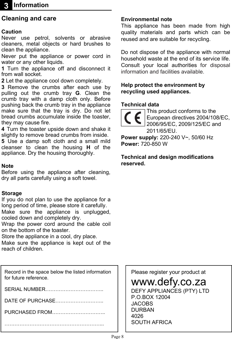 Defy Toaster Ta630 Users Manual
