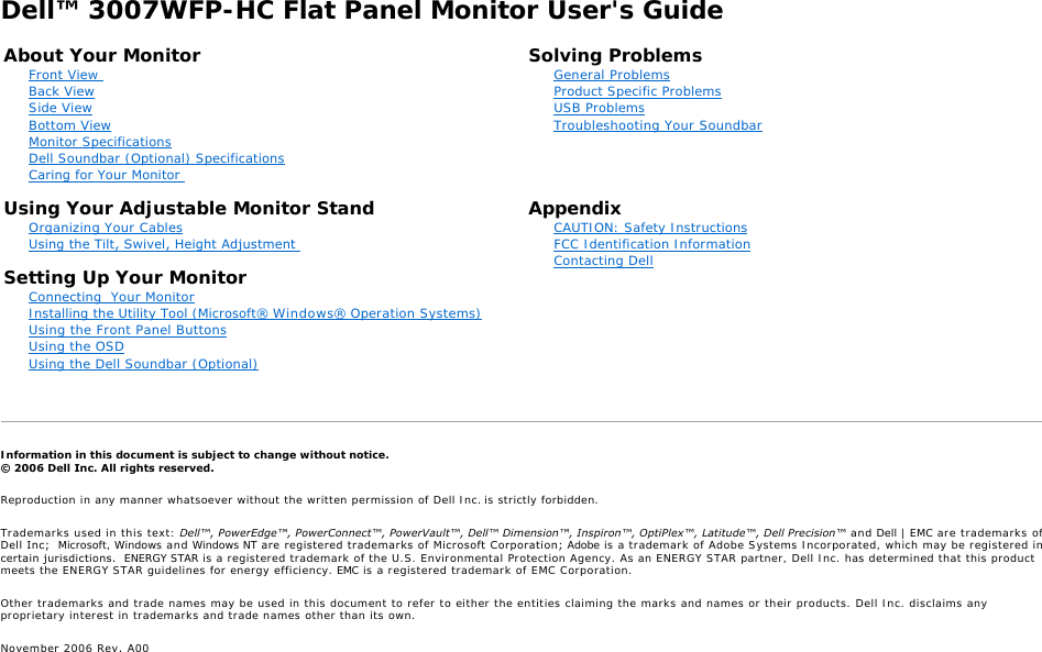 Dell 3007Wfp Hc Monitor Users Manual User's Guide