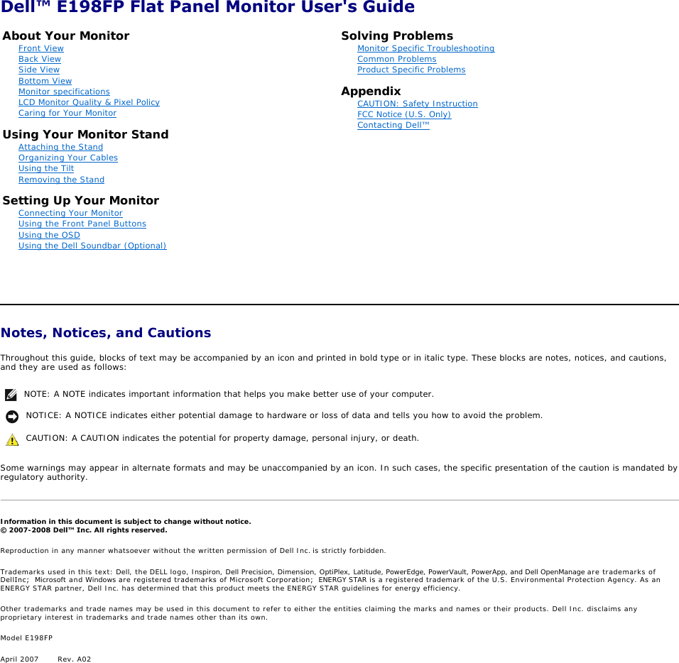 Dell Computer Monitor E198Fp Users Manual User Guide Operating Instructions