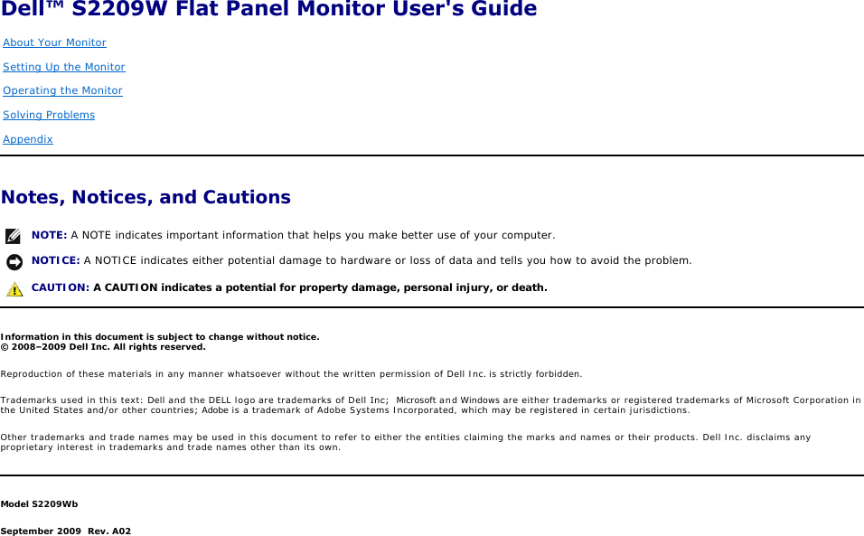 Dell Computer Monitor S2209W Users Manual User Guide Operating Instructions