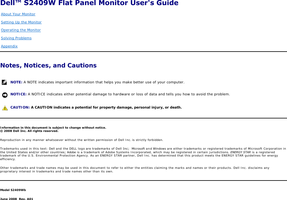 Dell Computer Monitor S2409W Users Manual User Guide Operating Instructions