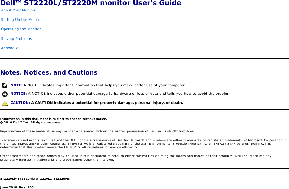 Dell Computer Monitor St2220 Users Manual ST2220L User Guide Operating ...