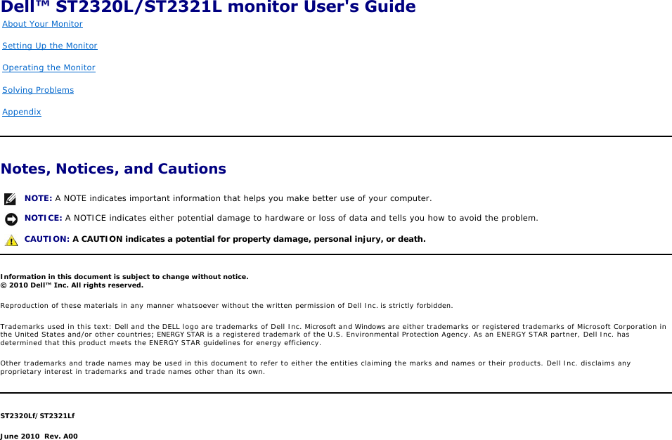 Dell Computer Monitor St2320L Users Manual User Guide Operating ...
