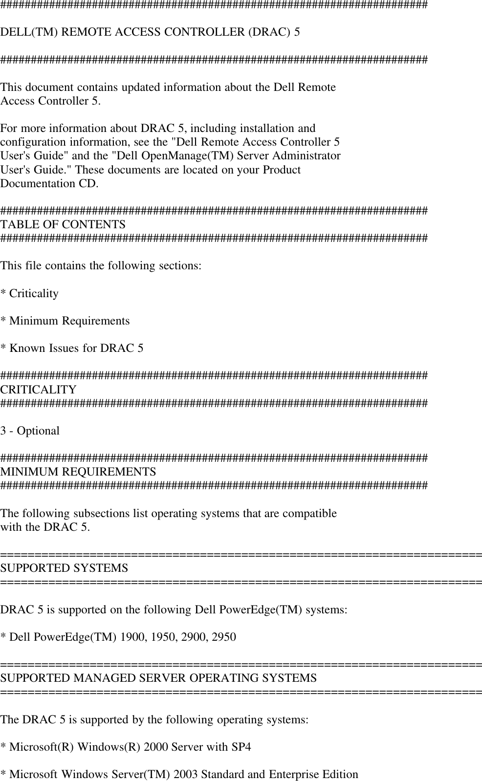 Dell Drac 5 Version 1 00 With Openmanage 0 Owners Manual 1.00 5.0 Readme