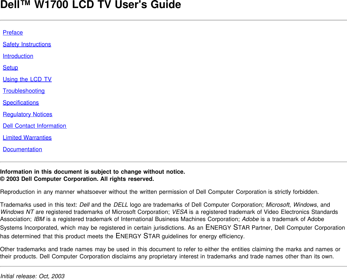Dell Lcd Tv W1700 Users Manual Dell™ User's Guide