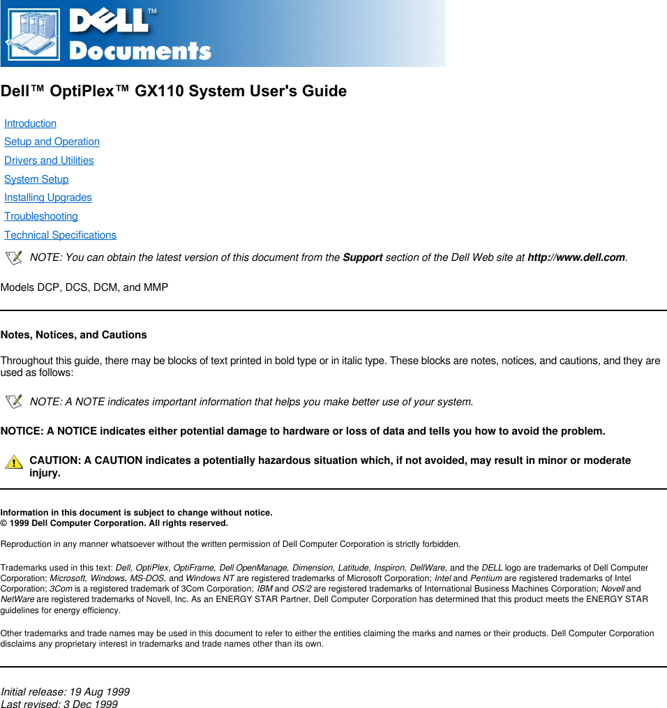 Dell Optiplex Gx110 Users Manual System User's Guide