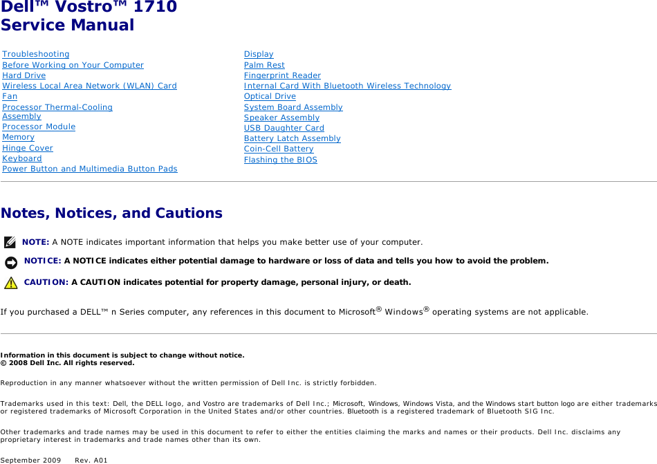 Dell Personal Computer 1710 Users Manual Vostro Service