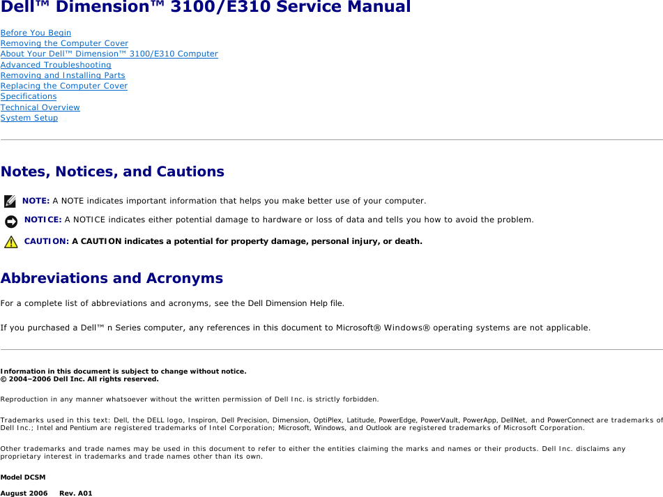 Dell Personal Computer 3100 Users Manual Dimension 3100/E310 Service