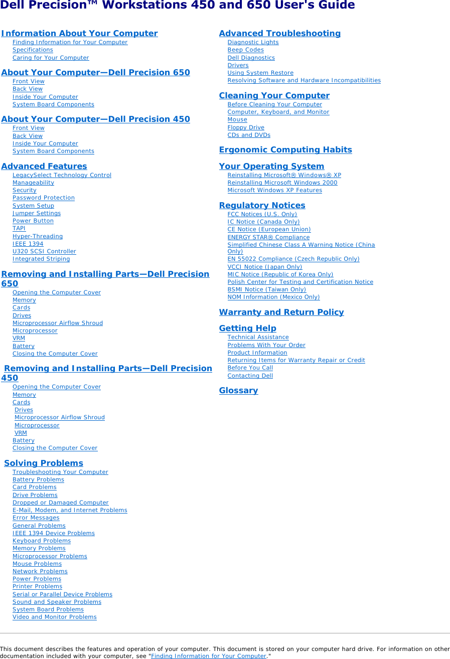 Dell Personal Computer 450 Users Manual Precision Workstations And 650 ...