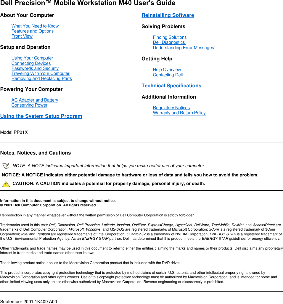 Dell Precision M40 Users Manual Mobile Workstation User's Guide