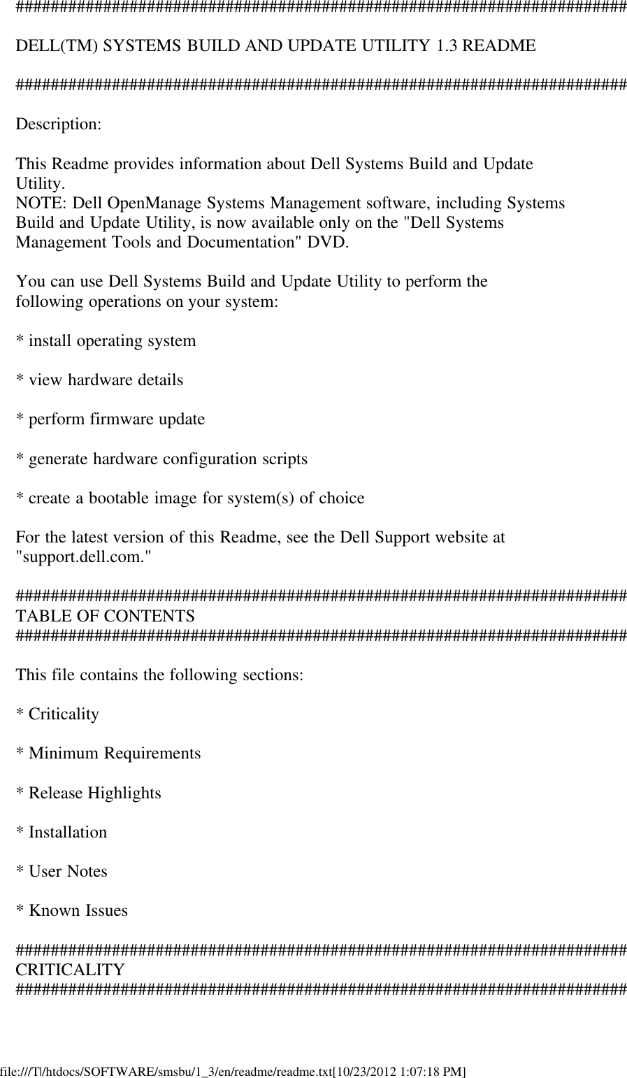 Dell Systems Build And Update Utility Version 1 3 Owners Manual 1.3 Readme
