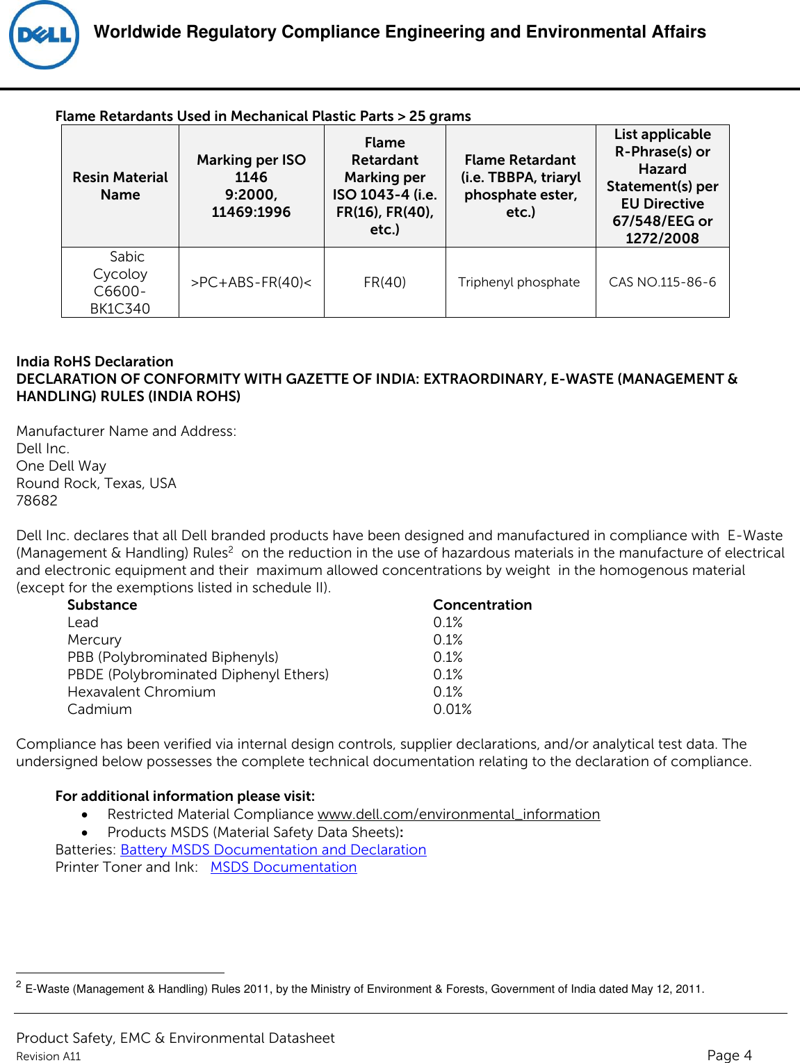 Dell Alienware steam r2 console Product Safety, EMC And Environmental Datasheet User Manual ...