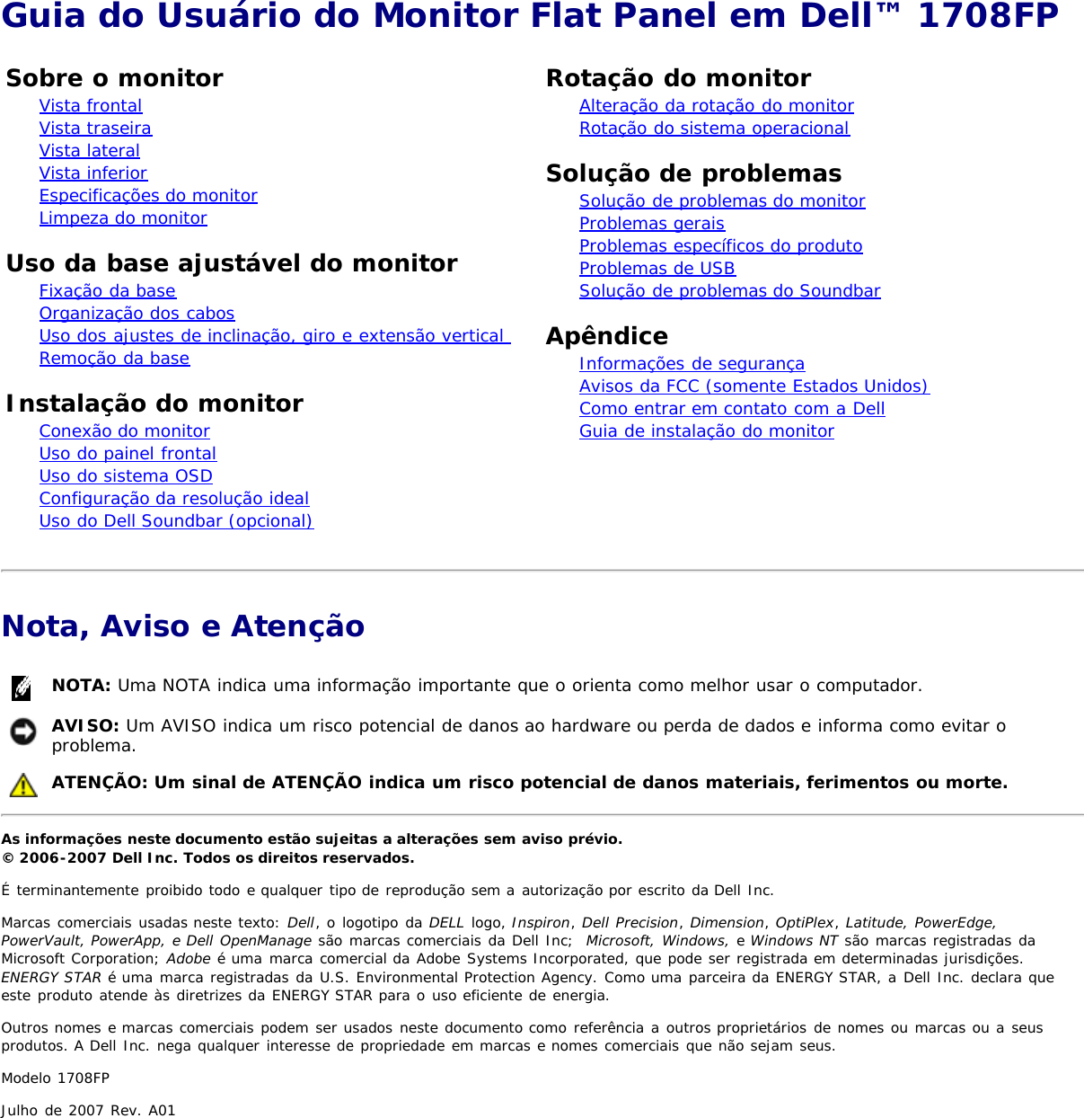 Dell 1708fp Monitor Guia Do Usuário User Manual UsuÃ¡rio User's Guide Pt br